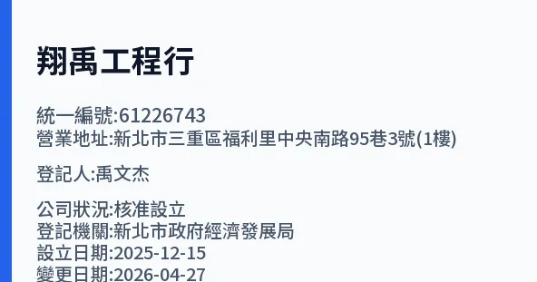翔禹工程行的照片-統編 61226743(新北市) 公司登記資料與營業項目詳細圖表