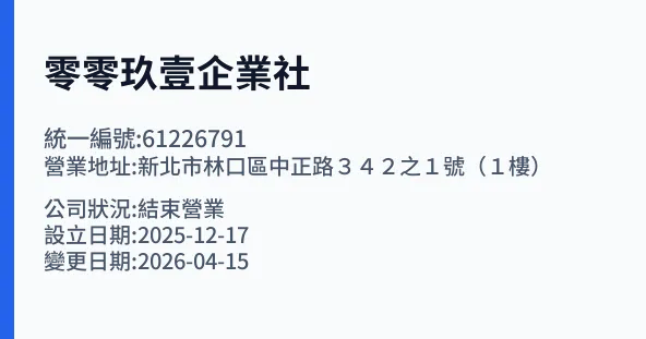 零零玖壹企業社的照片-統編 61226791(新北市) 公司登記資料與營業項目詳細圖表