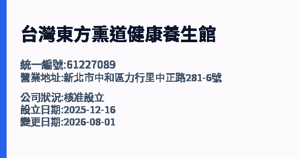 台灣東方熏道健康養生館的照片-統編 61227089 公司登記資料與營業項目詳細圖表