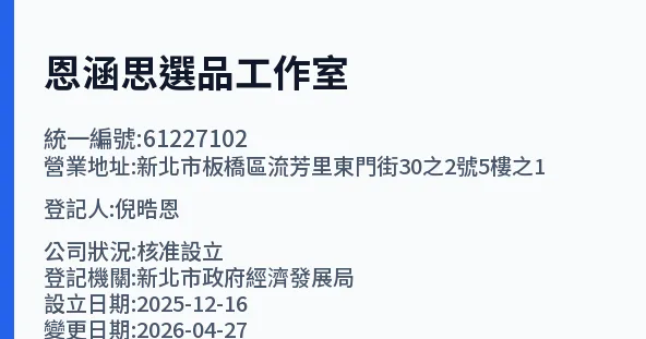 恩涵思選品工作室的照片-統編 61227102(新北市) 公司登記資料與營業項目詳細圖表