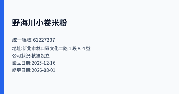 野海川小卷米粉的照片-統編 61227237 公司登記資料與營業項目詳細圖表