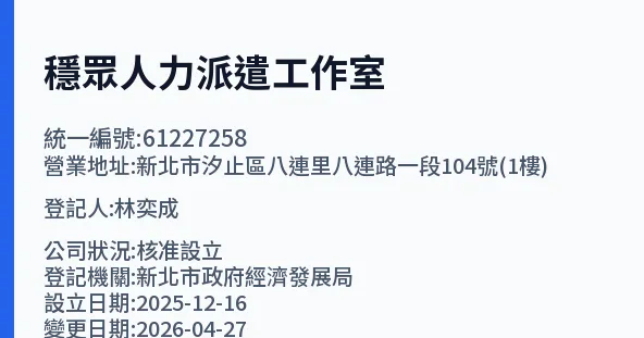 穩眾人力派遣工作室的照片-統編 61227258(新北市) 公司登記資料與營業項目詳細圖表