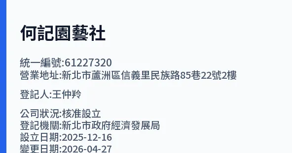 何記園藝社的照片-統編 61227320(新北市) 公司登記資料與營業項目詳細圖表
