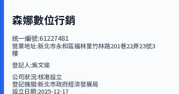 森娜數位行銷的照片-統編 61227481(新北市) 公司登記資料與營業項目詳細圖表