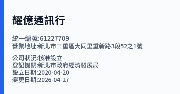 耀億通訊行的照片-統編 61227709(新北市) 公司登記資料與營業項目詳細圖表