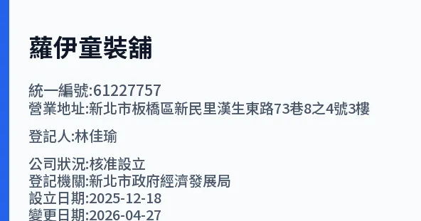 蘿伊童裝舖的照片-統編 61227757(新北市) 公司登記資料與營業項目詳細圖表