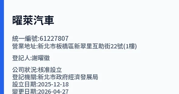 曜萊汽車的照片-統編 61227807(新北市) 公司登記資料與營業項目詳細圖表
