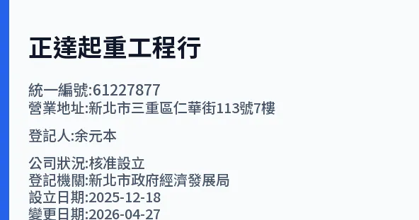 正達起重工程行的照片-統編 61227877(新北市) 公司登記資料與營業項目詳細圖表