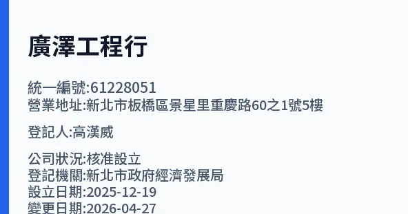 廣澤工程行的照片-統編 61228051(新北市) 公司登記資料與營業項目詳細圖表