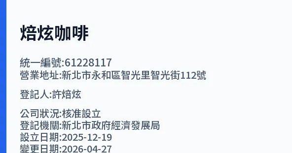 焙炫咖啡的照片-統編 61228117(新北市) 公司登記資料與營業項目詳細圖表
