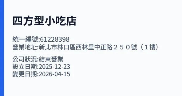 四方型小吃店的照片-統編 61228398(新北市) 公司登記資料與營業項目詳細圖表