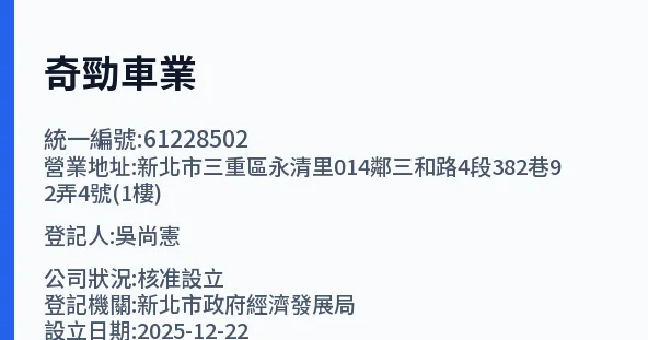 奇勁車業的照片-統編 61228502(新北市) 公司登記資料與營業項目詳細圖表