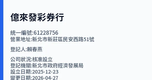 億來發彩券行的照片-統編 61228756(新北市) 公司登記資料與營業項目詳細圖表