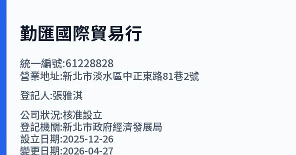 勤匯國際貿易行的照片-統編 61228828(新北市) 公司登記資料與營業項目詳細圖表