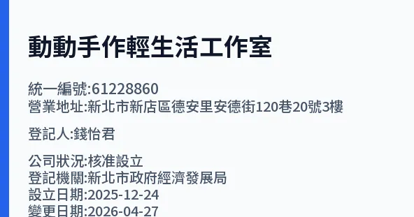 動動手作輕生活工作室的照片-統編 61228860(新北市) 公司登記資料與營業項目詳細圖表