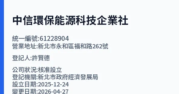 中信環保能源科技企業社的照片-統編 61228904(新北市) 公司登記資料與營業項目詳細圖表
