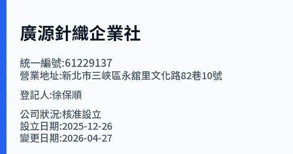 廣源針織企業社的照片-統編 61229137(新北市) 公司登記資料與營業項目詳細圖表