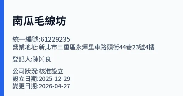 南瓜毛線坊的照片-統編 61229235(新北市) 公司登記資料與營業項目詳細圖表