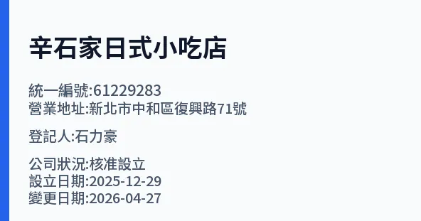 辛石家日式小吃店的照片-統編 61229283(新北市) 公司登記資料與營業項目詳細圖表