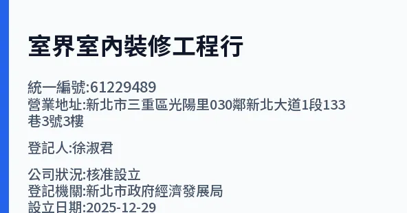 室界室內裝修工程行的照片-統編 61229489(新北市) 公司登記資料與營業項目詳細圖表