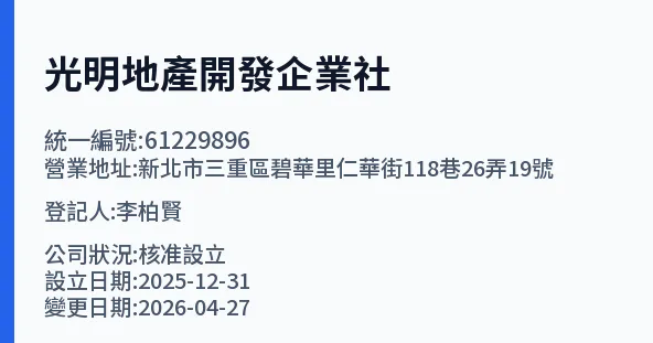 光明地產開發企業社的照片-統編 61229896(新北市) 公司登記資料與營業項目詳細圖表