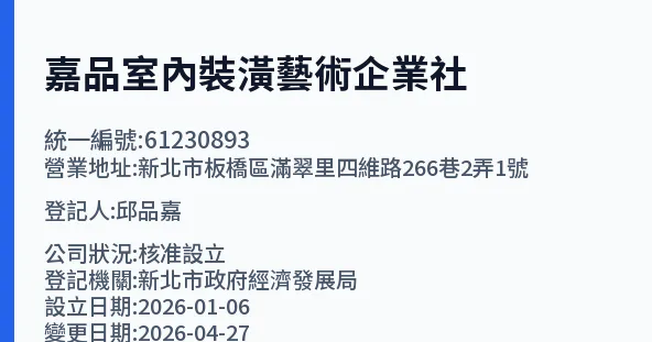 嘉品室內裝潢藝術企業社的照片-統編 61230893(新北市) 公司登記資料與營業項目詳細圖表