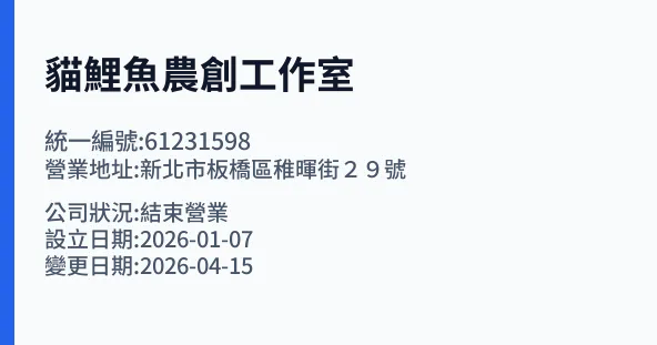 貓鯉魚農創工作室的照片-統編 61231598(新北市) 公司登記資料與營業項目詳細圖表