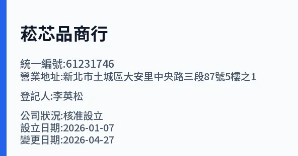 菘芯品商行的照片-統編 61231746(新北市) 公司登記資料與營業項目詳細圖表
