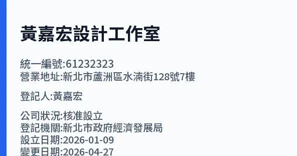黃嘉宏設計工作室的照片-統編 61232323(新北市) 公司登記資料與營業項目詳細圖表