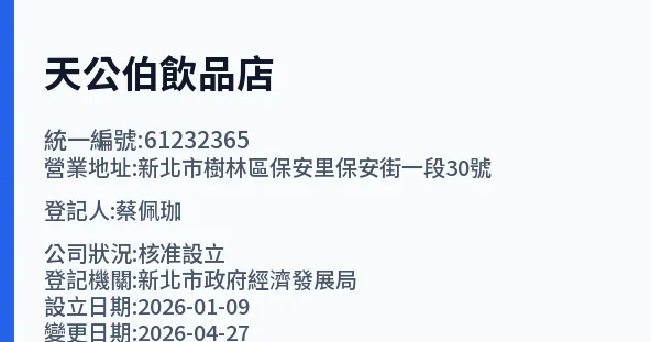天公伯飲品店的照片-統編 61232365(新北市) 公司登記資料與營業項目詳細圖表