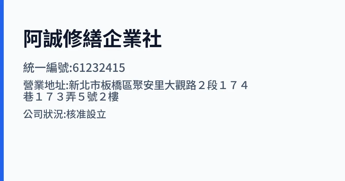 阿誠修繕企業社 - 統編 61232415(新北市) 公司登記資料與營業項目詳細圖表