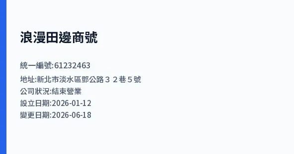 浪漫田邊商號的照片-統編 61232463 公司登記資料與營業項目詳細圖表