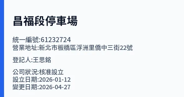 昌福段停車場的照片-統編 61232724(新北市) 公司登記資料與營業項目詳細圖表