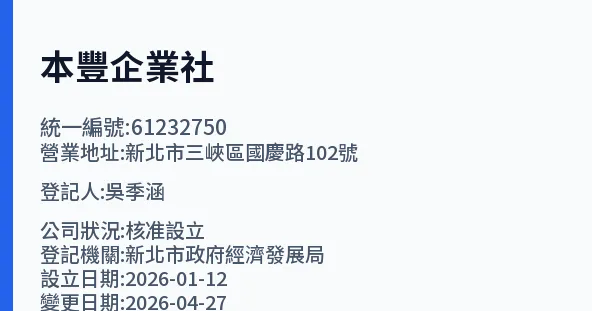本豐企業社的照片-統編 61232750(新北市) 公司登記資料與營業項目詳細圖表