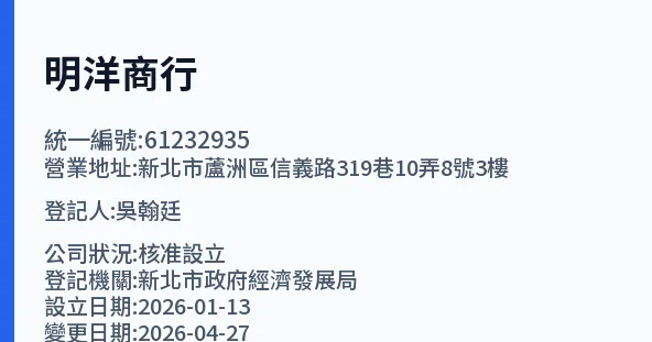 明洋商行的照片-統編 61232935(新北市) 公司登記資料與營業項目詳細圖表