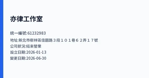 亦律工作室的照片-統編 61232983 公司登記資料與營業項目詳細圖表