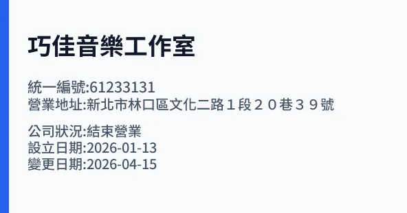 巧佳音樂工作室的照片-統編 61233131(新北市) 公司登記資料與營業項目詳細圖表