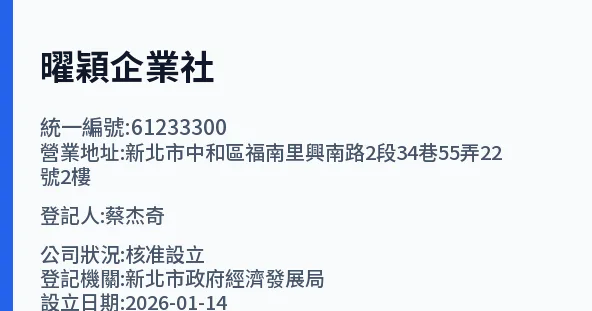 曜穎企業社的照片-統編 61233300(新北市) 公司登記資料與營業項目詳細圖表