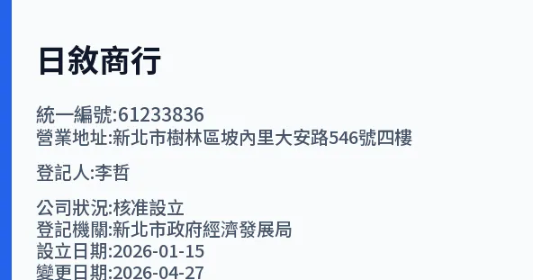 日敘商行的照片-統編 61233836(新北市) 公司登記資料與營業項目詳細圖表