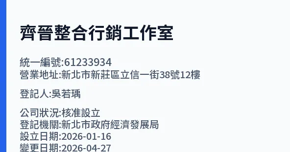 齊晉整合行銷工作室的照片-統編 61233934(新北市) 公司登記資料與營業項目詳細圖表