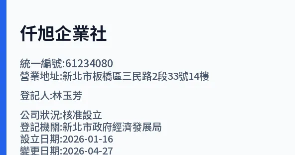 仟旭企業社的照片-統編 61234080(新北市) 公司登記資料與營業項目詳細圖表