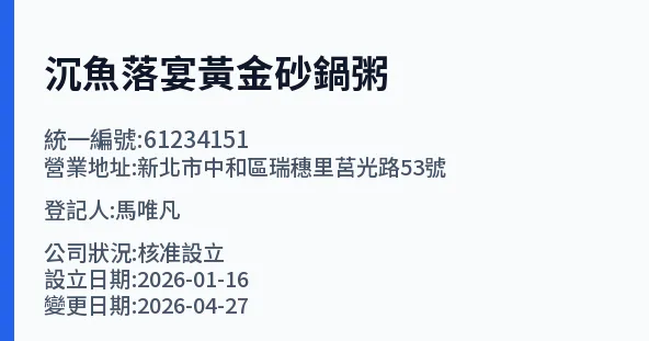 沉魚落宴黃金砂鍋粥的照片-統編 61234151(新北市) 公司登記資料與營業項目詳細圖表