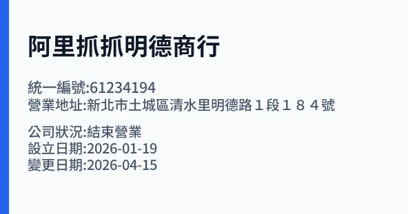 阿里抓抓明德商行的照片-統編 61234194(新北市) 公司登記資料與營業項目詳細圖表