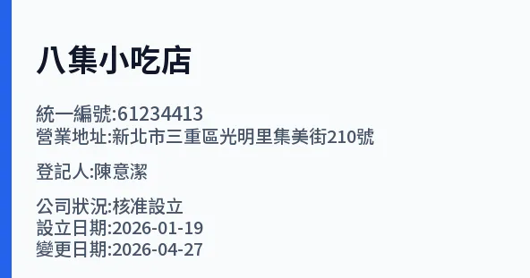 八集小吃店的照片-統編 61234413(新北市) 公司登記資料與營業項目詳細圖表
