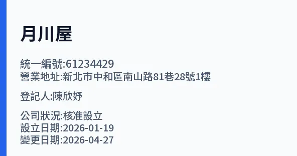 月川屋的照片-統編 61234429(新北市) 公司登記資料與營業項目詳細圖表