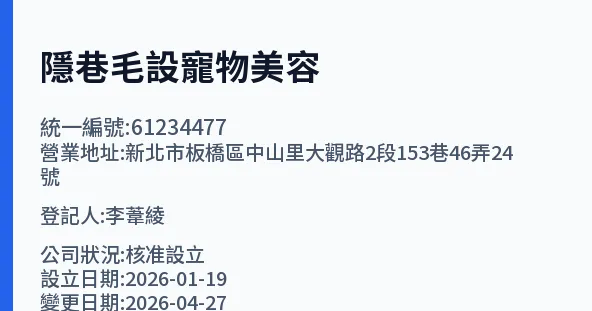 隱巷毛設寵物美容的照片-統編 61234477(新北市) 公司登記資料與營業項目詳細圖表