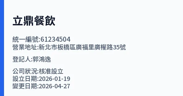 立鼎餐飲的照片-統編 61234504(新北市) 公司登記資料與營業項目詳細圖表