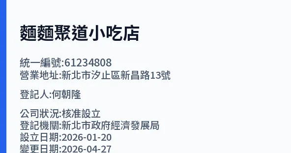麵麵聚道小吃店的照片-統編 61234808(新北市) 公司登記資料與營業項目詳細圖表