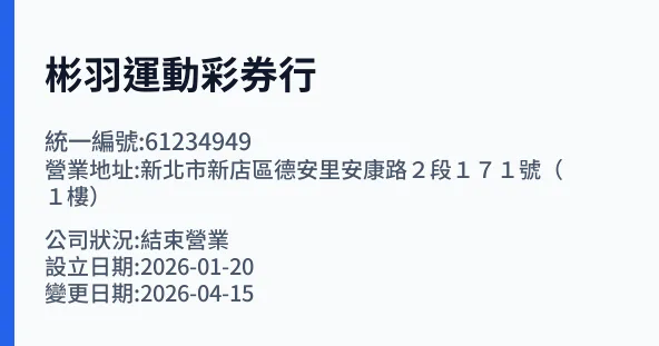 彬羽運動彩券行的照片-統編 61234949(新北市) 公司登記資料與營業項目詳細圖表