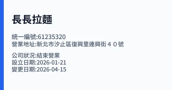 長長拉麵的照片-統編 61235320(新北市) 公司登記資料與營業項目詳細圖表